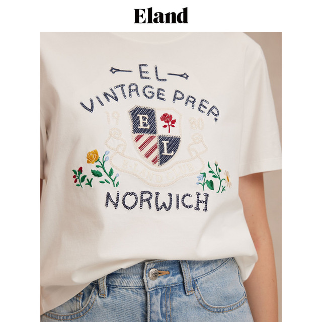 Eland Clothes T-shirts for women's college style chest rose round neck ...