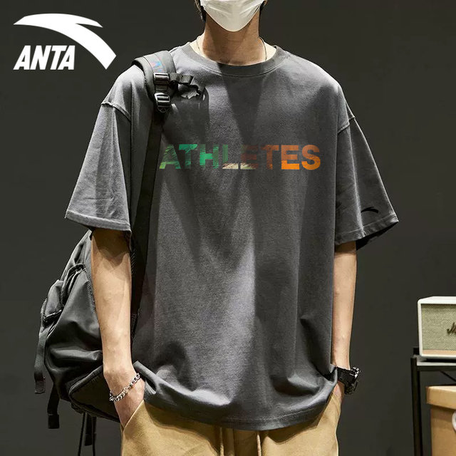 Anta short -sleeved men's consolidation letter simple wild black sports ...
