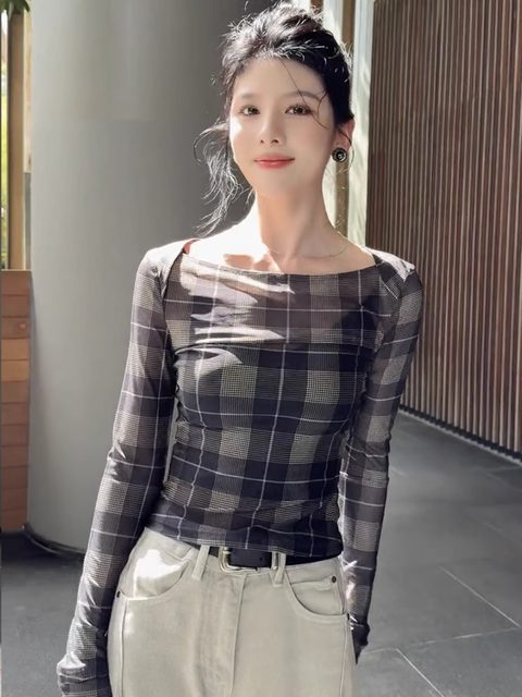 Retro plaid mesh long-sleeved T-shirt for women in summer slim ...