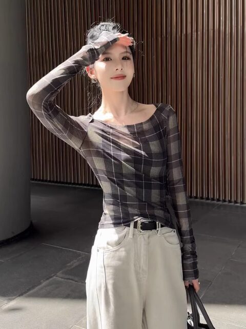 Retro plaid mesh long-sleeved T-shirt for women in summer slim ...