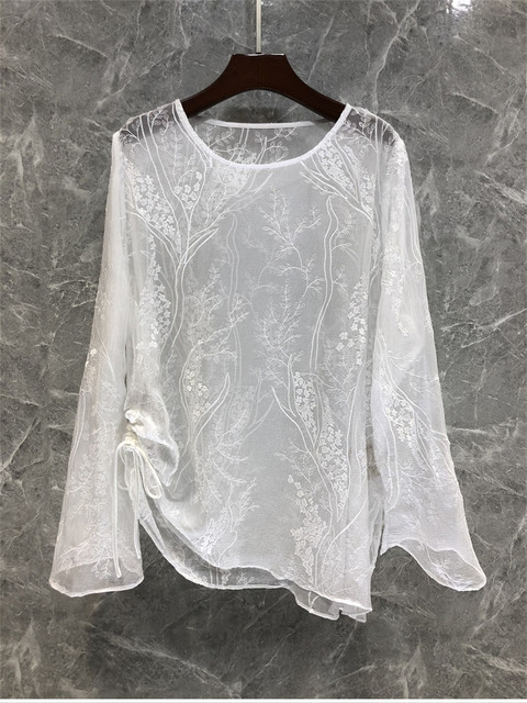 Now Nanyou #Silk flare sleeve embroidered slit shirt for women European ...