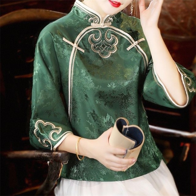 Green Chinese style top for women in spring and summer 2025 retro ...