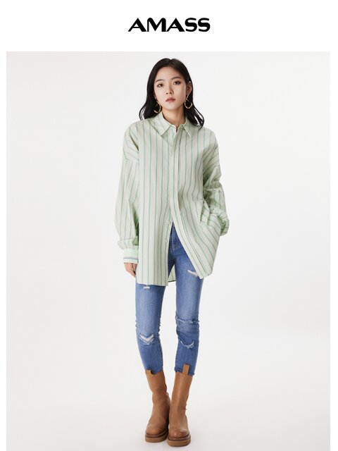 AMASS/Amass Fashion Design Striped Shirt Lapel Single Bretted Long Sleeve Shirt Women's Clothing ...