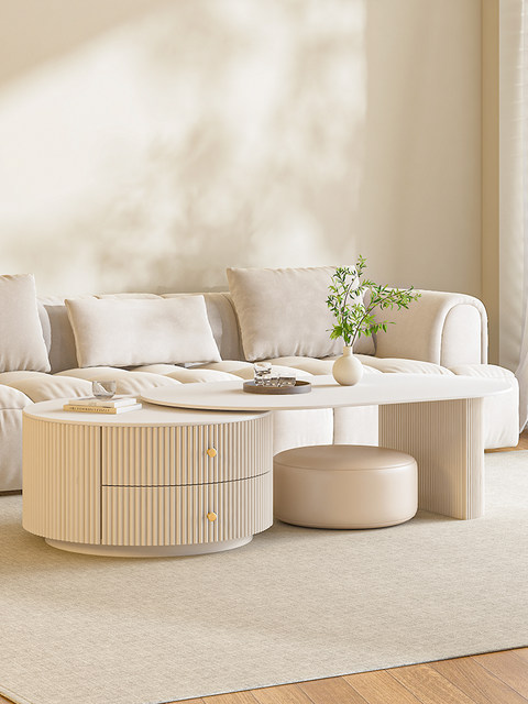 Creamy style rock plate retractable coffee table minimalist living room ...