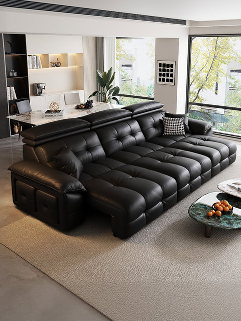 Leather sofa bedside layer cowhide zero wall Lawrence black living room ...