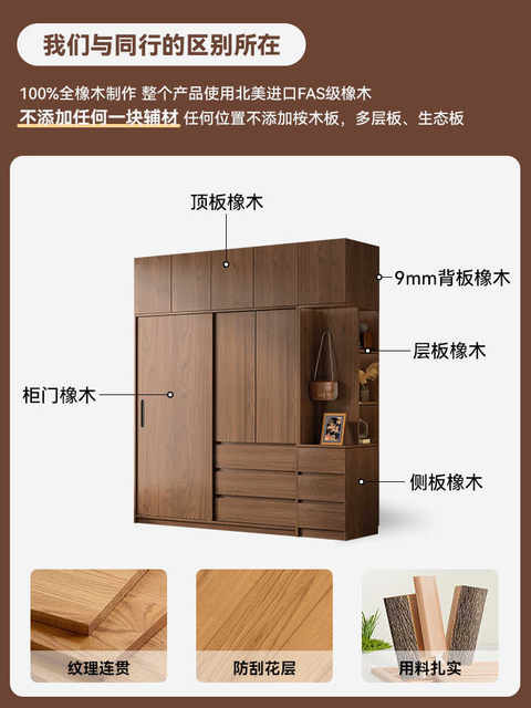 Solid wood oak wardrobe sliding doors for home bedroom Nordic pure ...
