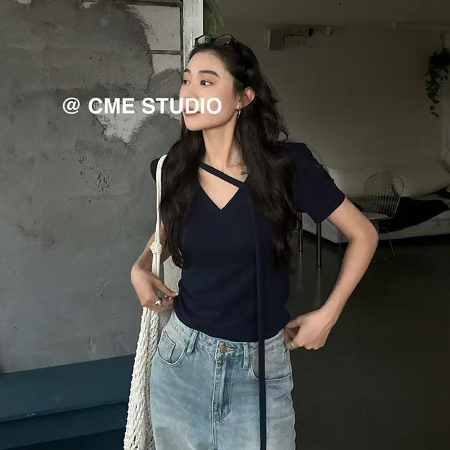 CME Home 2025 Summer New Style Chic V-neck Streamer Short Sleeve T ...