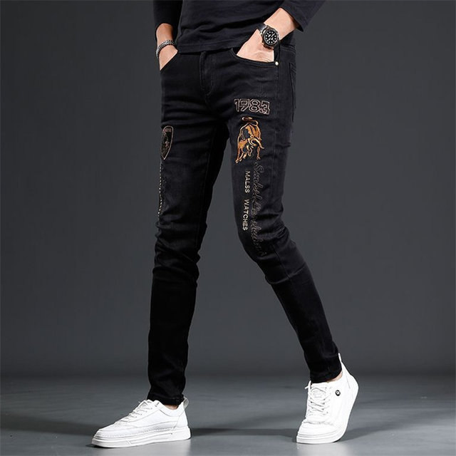 European station high-end embroidered jeans for men's trendy foreign ...