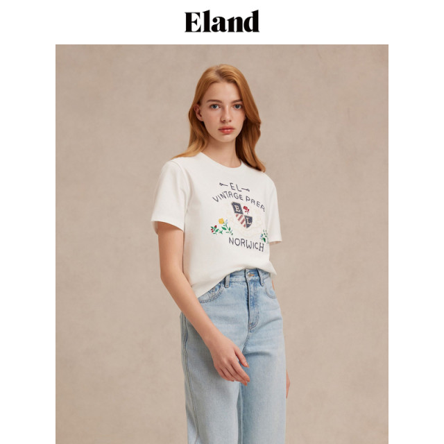 Eland Clothes T-shirts for women's college style chest rose round neck ...