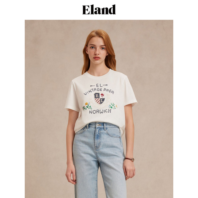 Eland Clothes T-shirts for women's college style chest rose round neck ...