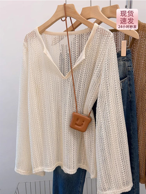 High-end fashionable brown V-neck hollow sweater for women 2025 summer ...