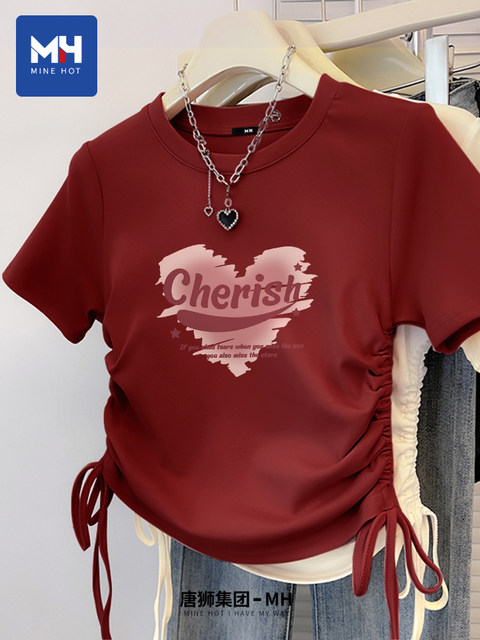 Tangshi Group MH red short top for women 2025 new summer drawstring ...