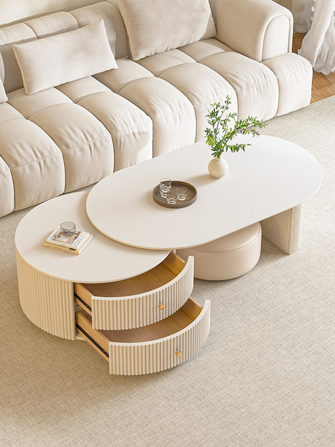 Creamy style rock plate retractable coffee table minimalist living room ...