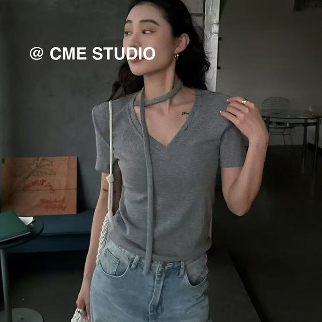 CME Home 2025 Summer New Style Chic V-neck Streamer Short Sleeve T ...