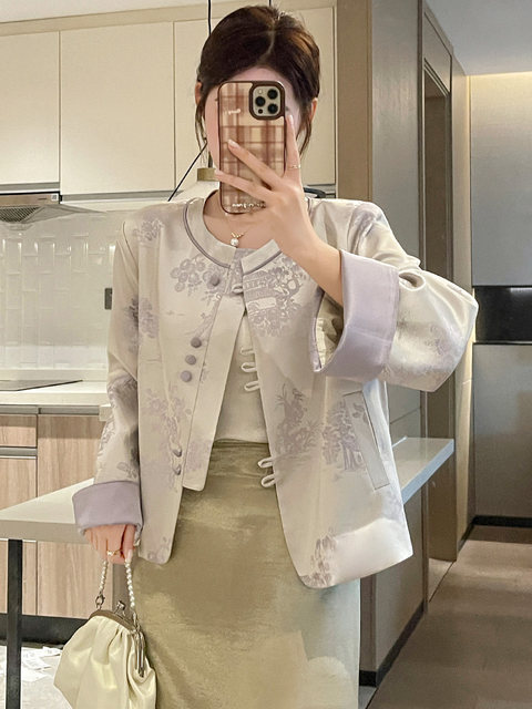 New Chinese style embroidered satin round neck jacket for women in ...