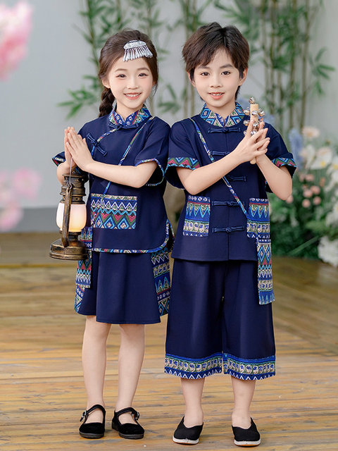 Guangxi March 3rd ethnic minority clothing children summer ethnic style Tang suit Zhuang Dai ...
