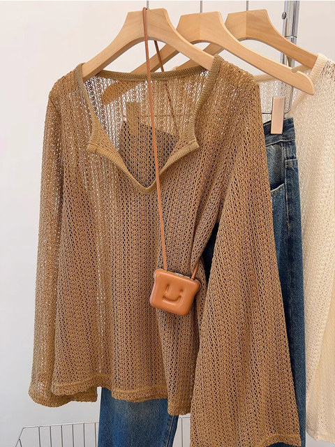 High-end fashionable brown V-neck hollow sweater for women 2025 summer ...
