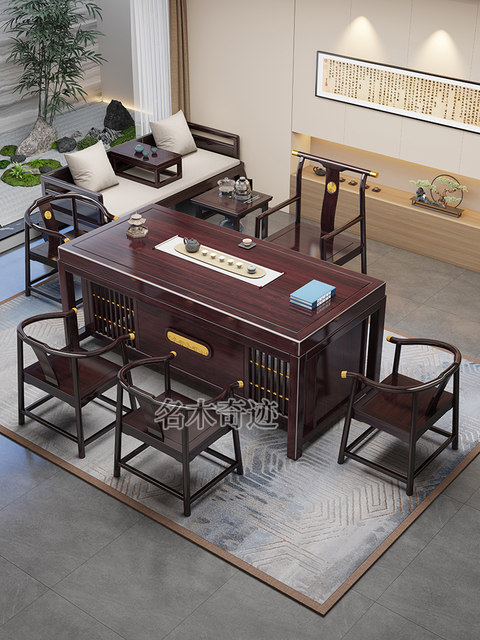 New Chinese style black gold wood large board tea table and chair ...