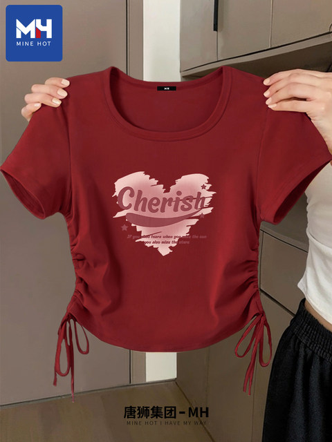 Tangshi Group MH red short top for women 2025 new summer drawstring ...