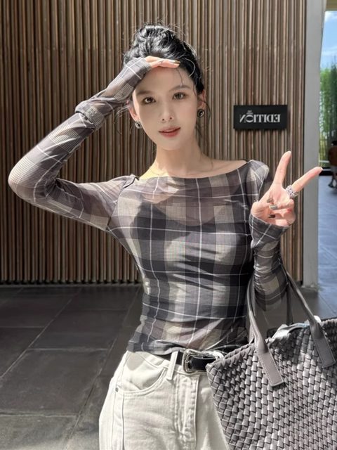Retro plaid mesh long-sleeved T-shirt for women in summer slim ...