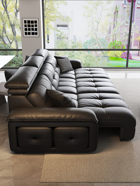 Leather sofa bedside layer cowhide zero wall Lawrence black living room ...