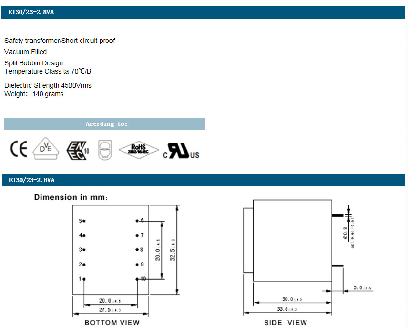 2.8VA2.8W EI30/18 115V230V转9V12V24V小型防水环氧CE灌封变压器-阿里巴巴