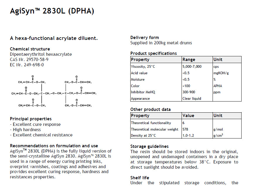 双季戊四醇六丙烯酸酯DPHA UV单体 AgiSyn 2830L 51728-26-8-阿里巴巴