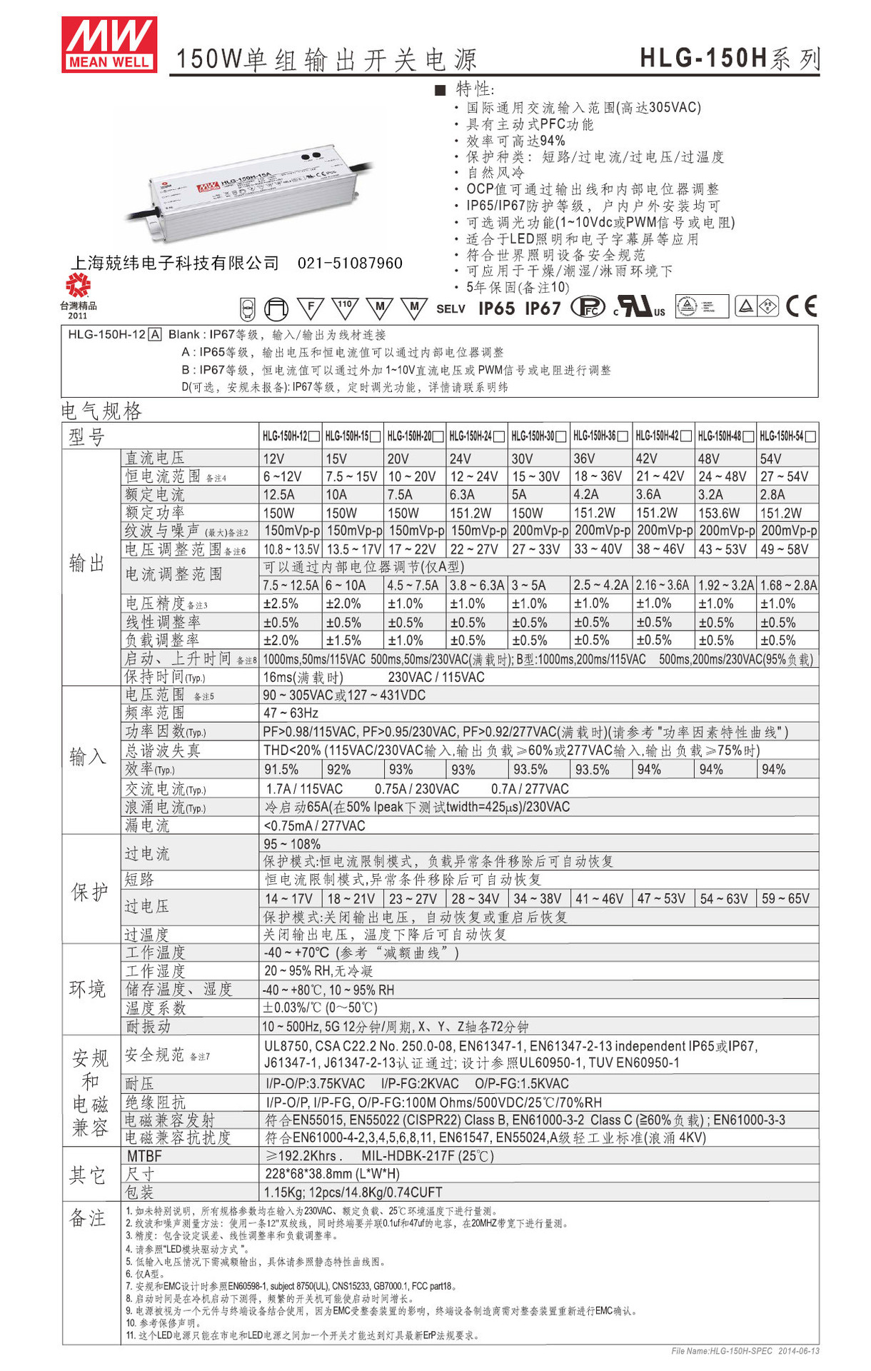 HLG-150H-12A 150W 明纬PFC路灯用防水LED电源-阿里巴巴