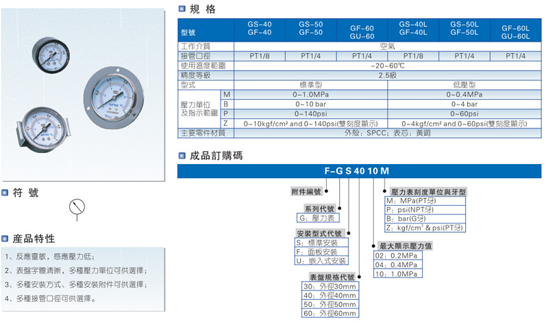 亚德客AIRTAC 面板型压力表GF-40 GF-50 GF-60 0~1MPA-阿里巴巴