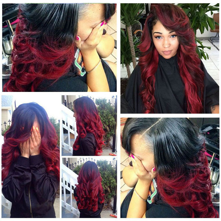 Real hair wholesale 1B / bur loose hair curtain black wine red gradual ...