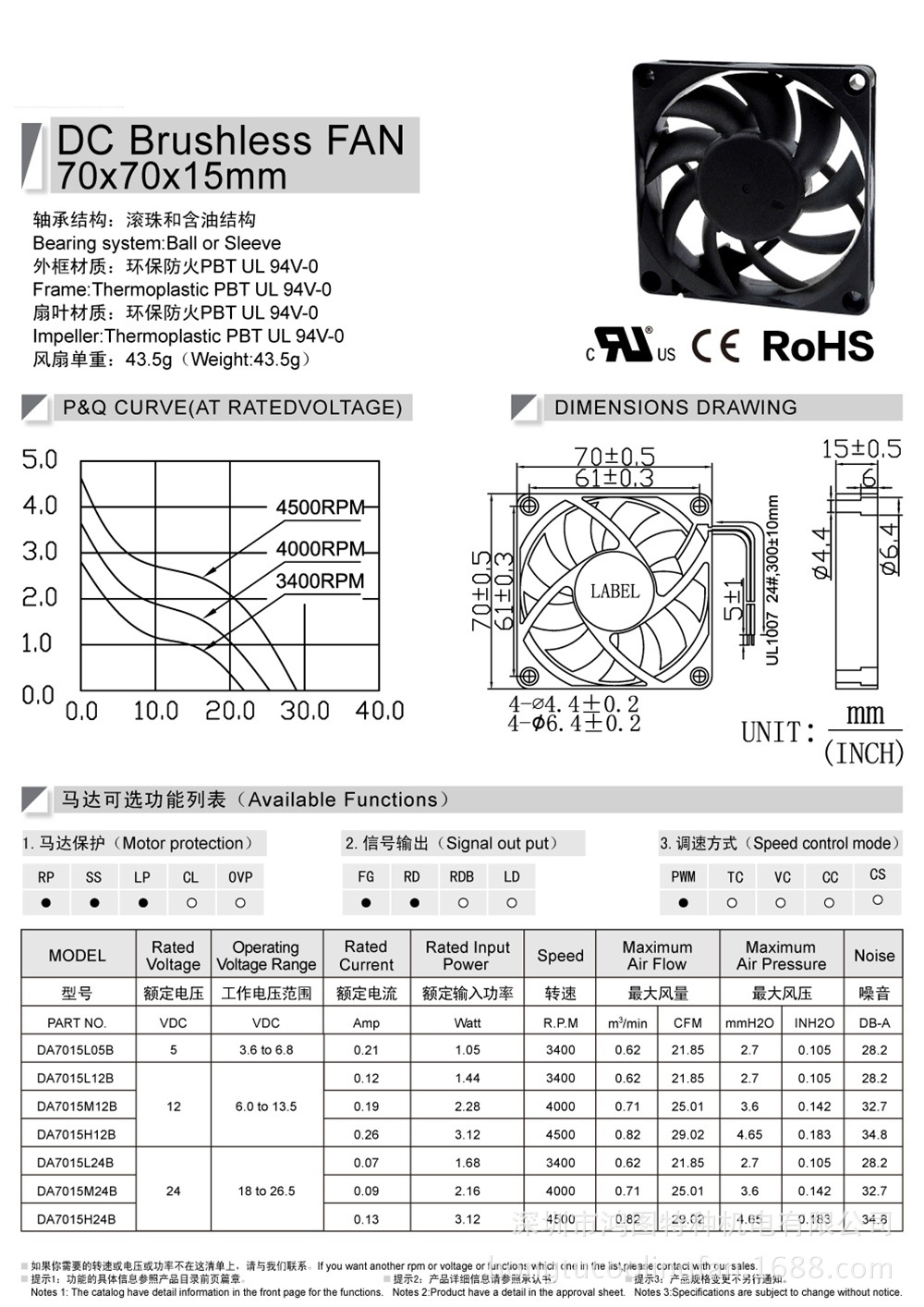 DC7015 70*70*15mm 5V 12V 24V含油轴承无刷轴流散热小风扇-阿里巴巴