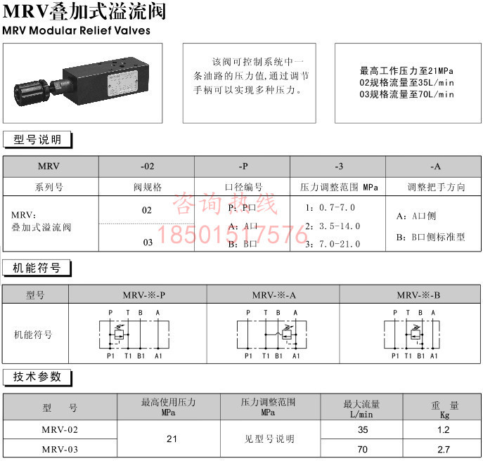 原装海特克HYTEK叠加阀MRV-03-P-3-B A溢流阀 压力调节阀-化工机械设备网