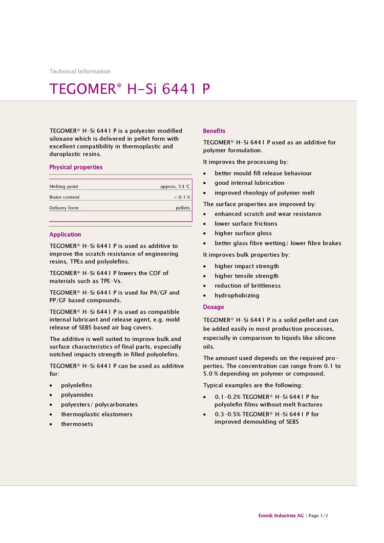 EVONIK塑料硅酮助剂TEGOMER H-Si 6441 P赢创特种化学-阿里巴巴