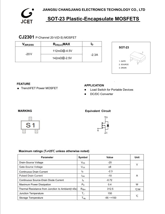 【长电一级代理】CJ2301 S1 SOT-23贴片三极管三端MOS管原装现货-阿里巴巴