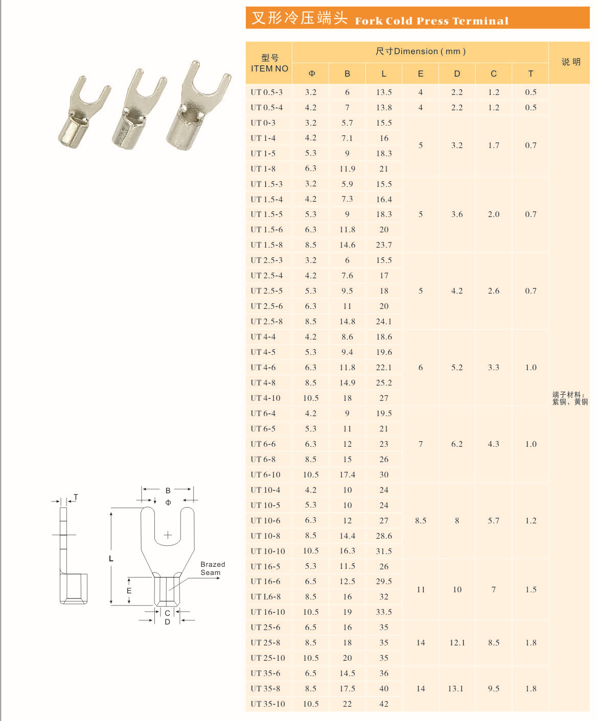 UT1-3~UT16-6叉形裸端头U型裸端子冷压接线端子铜鼻子线耳-阿里巴巴