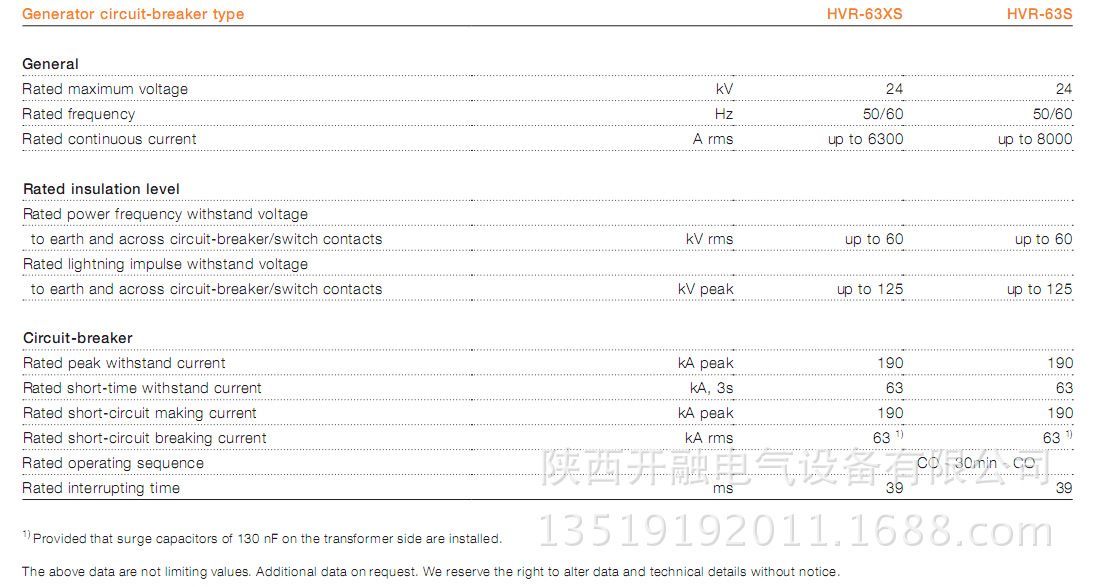 ABB GCB发电机出口断路器 HVR-63XS HVR-63S