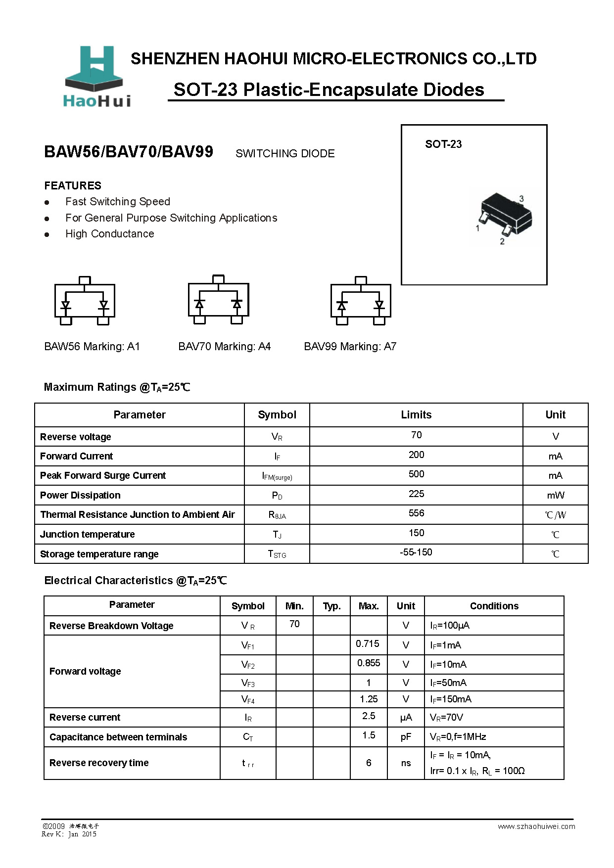 工厂供应 BAV70(A4) SOT-23贴片开关二极管-阿里巴巴