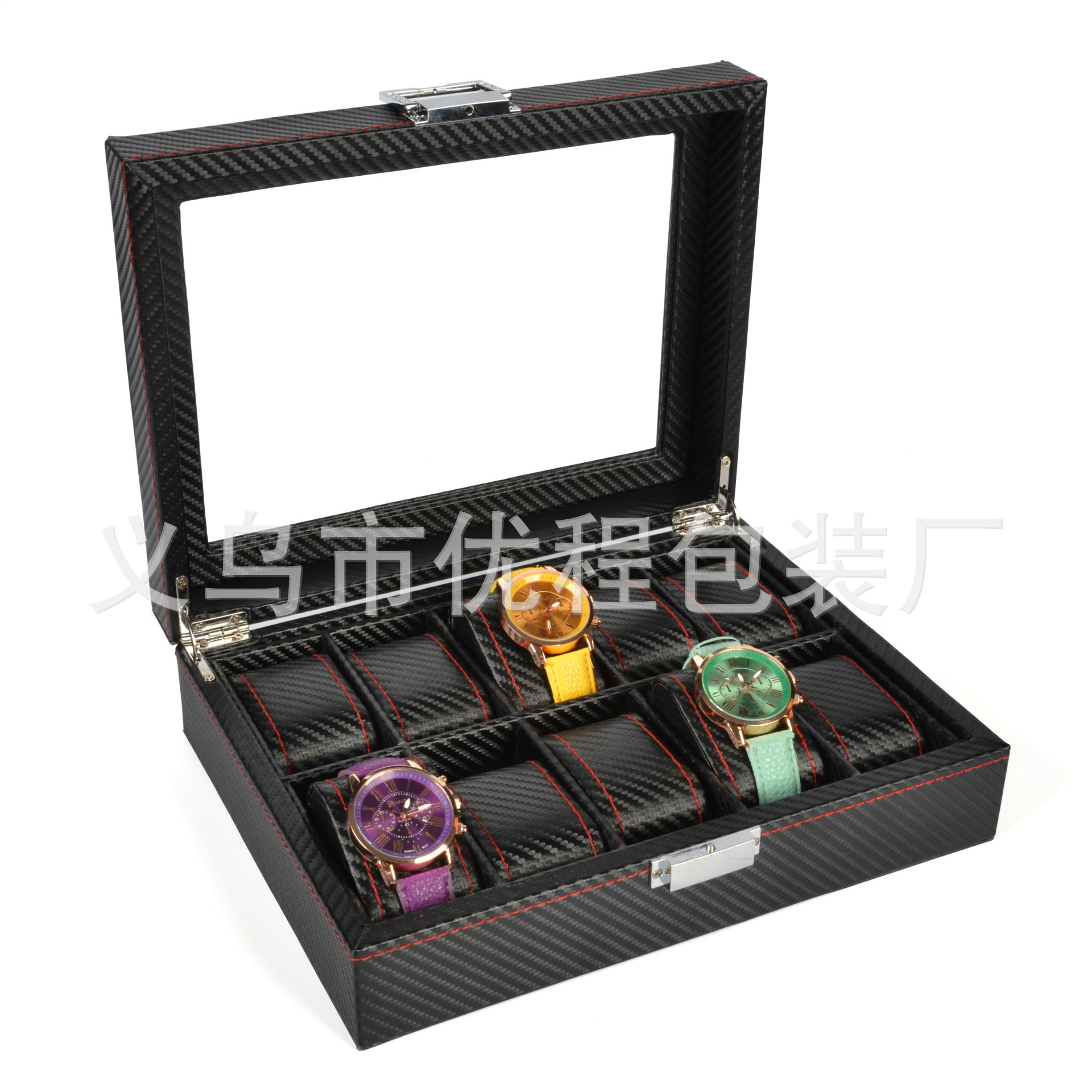 现货碳纤维pu皮革6位10位12位手表盒木质手表收纳盒手表箱-阿里巴巴