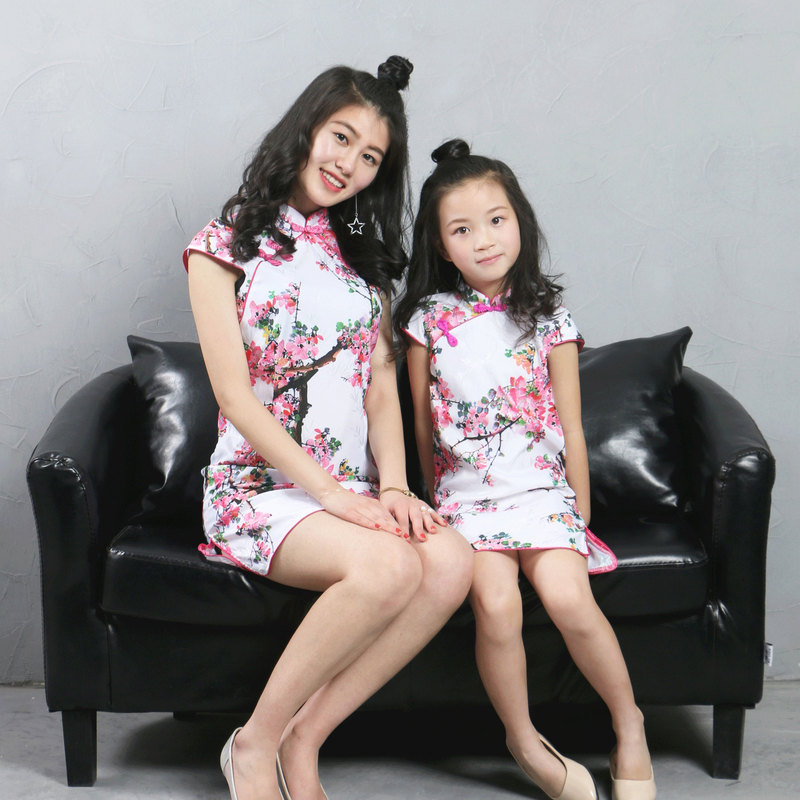 kids chinese pink floral cheongsam qipao for girls parent-child ...