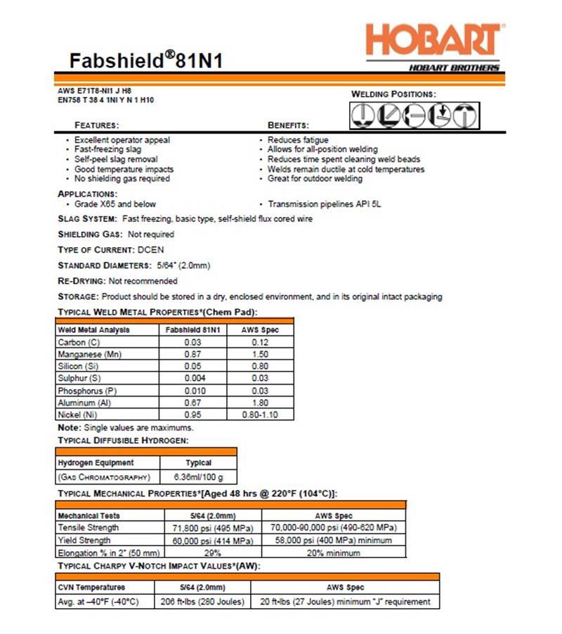 美国赫伯特Fabshield 81N1管道焊丝E71T8-Ni1J/81N1管道药芯焊丝-阿里巴巴