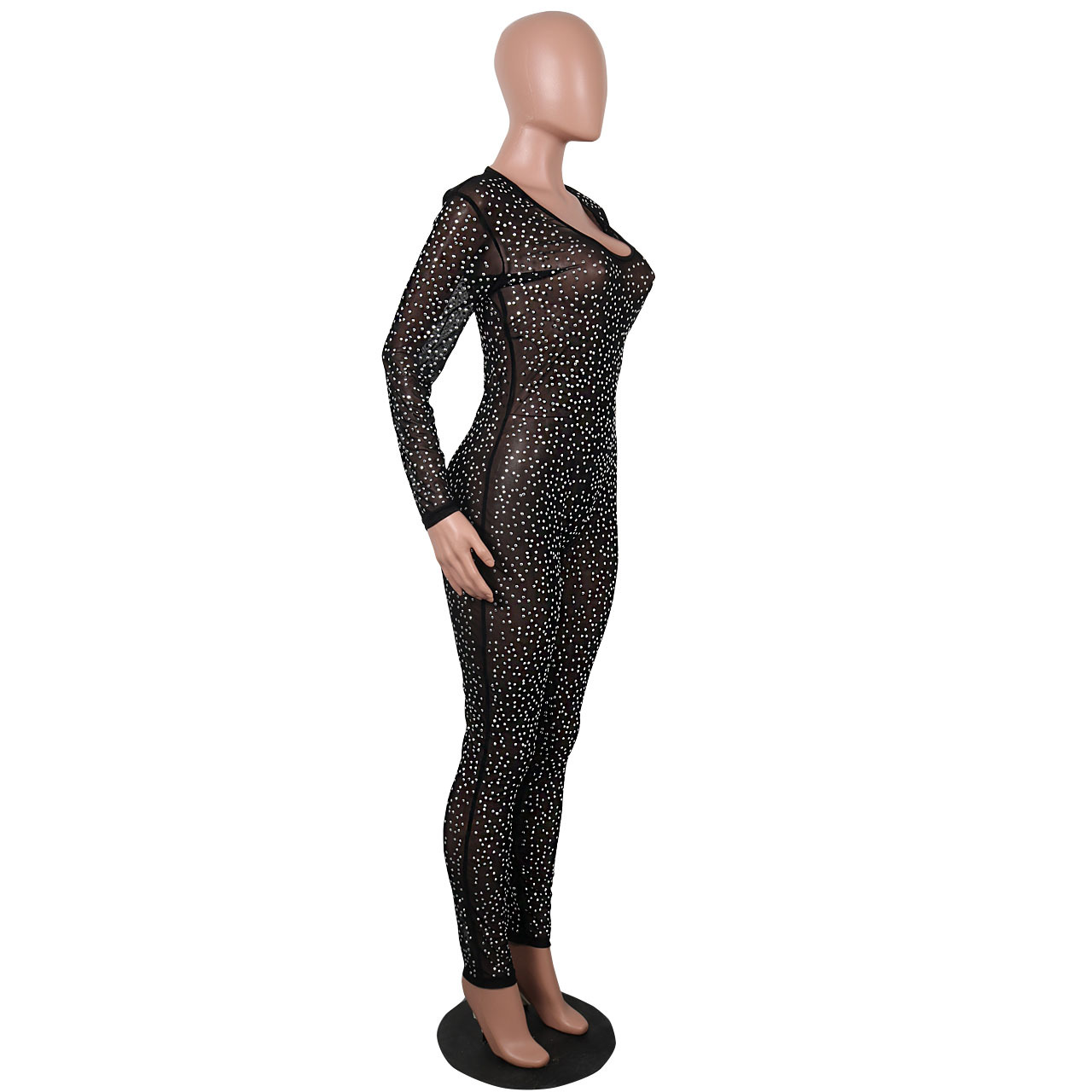 Y036 曼迪服饰 亚马逊 欧美性感夜店装 网纱拉链全身烫钻连体裤-阿里巴巴