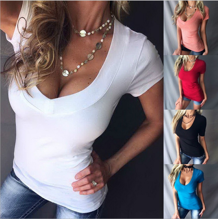 Sexy Women T Shirts Deep V Neck Short Sleeve Tee Shirt Solid Color Slim Fit Fashion Tops From ...
