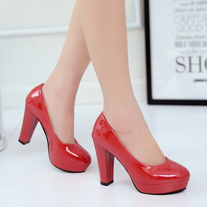 Red high heels, round head, thick heels, women's single shoes ...