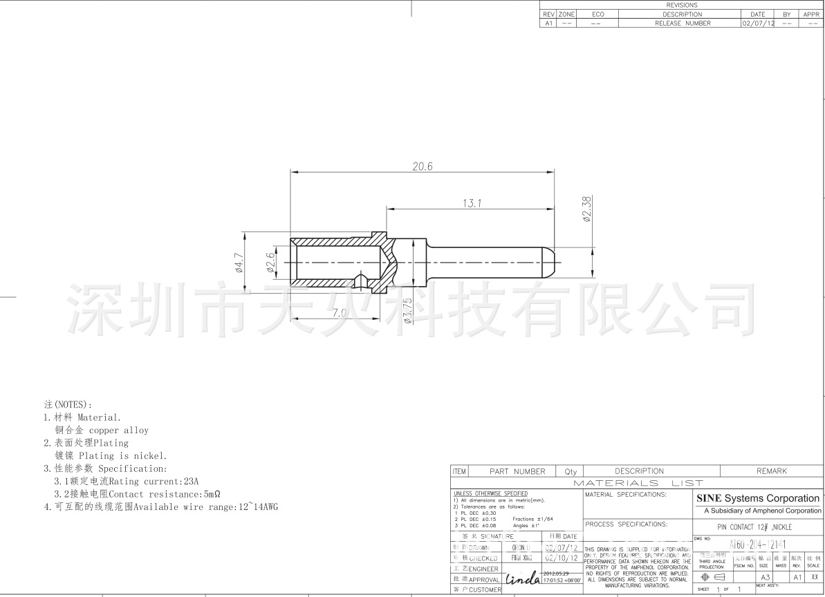 Amphenol安费诺国际航空汽车连接器AT系列端子AT60-204-12141-阿里巴巴