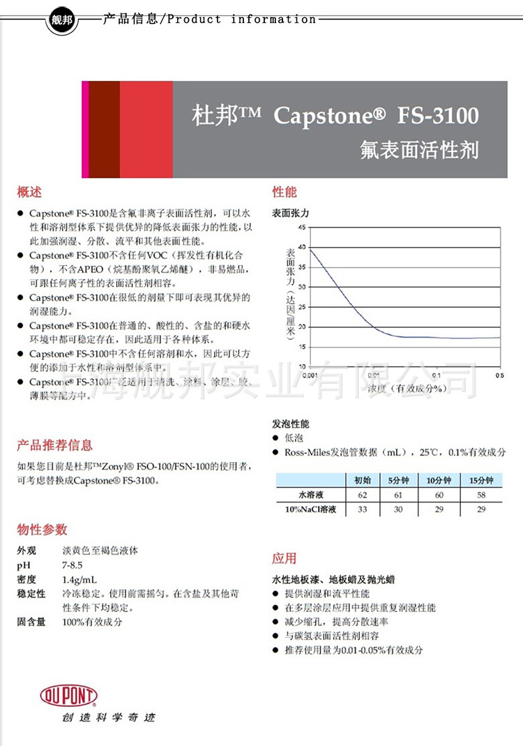 进口美国杜邦非离子氟碳表面活性剂 Capstone FS-3100低泡-阿里巴巴