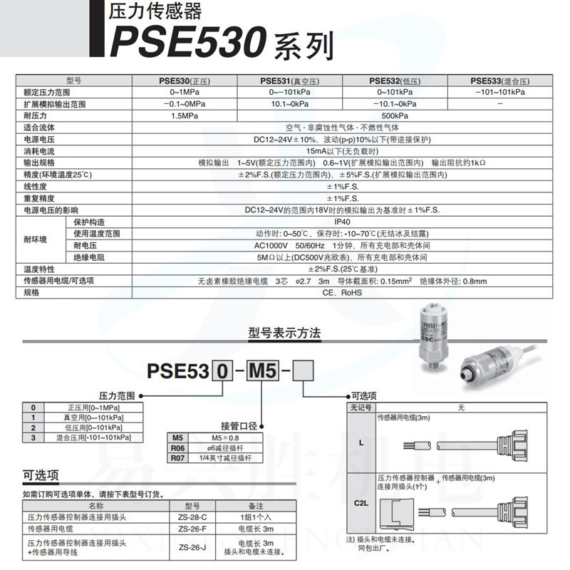 日本SMC压力传感器PSE531-M5-C2L 带插头导线真空用压力传感器-阿里巴巴