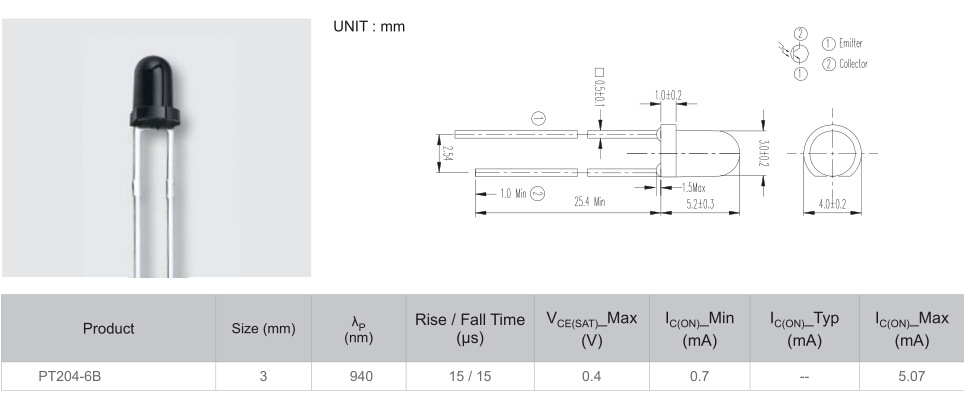 台湾亿光3MM圆头红外线接收管PT204-6B 940nm波长红外接收三极管-阿里巴巴
