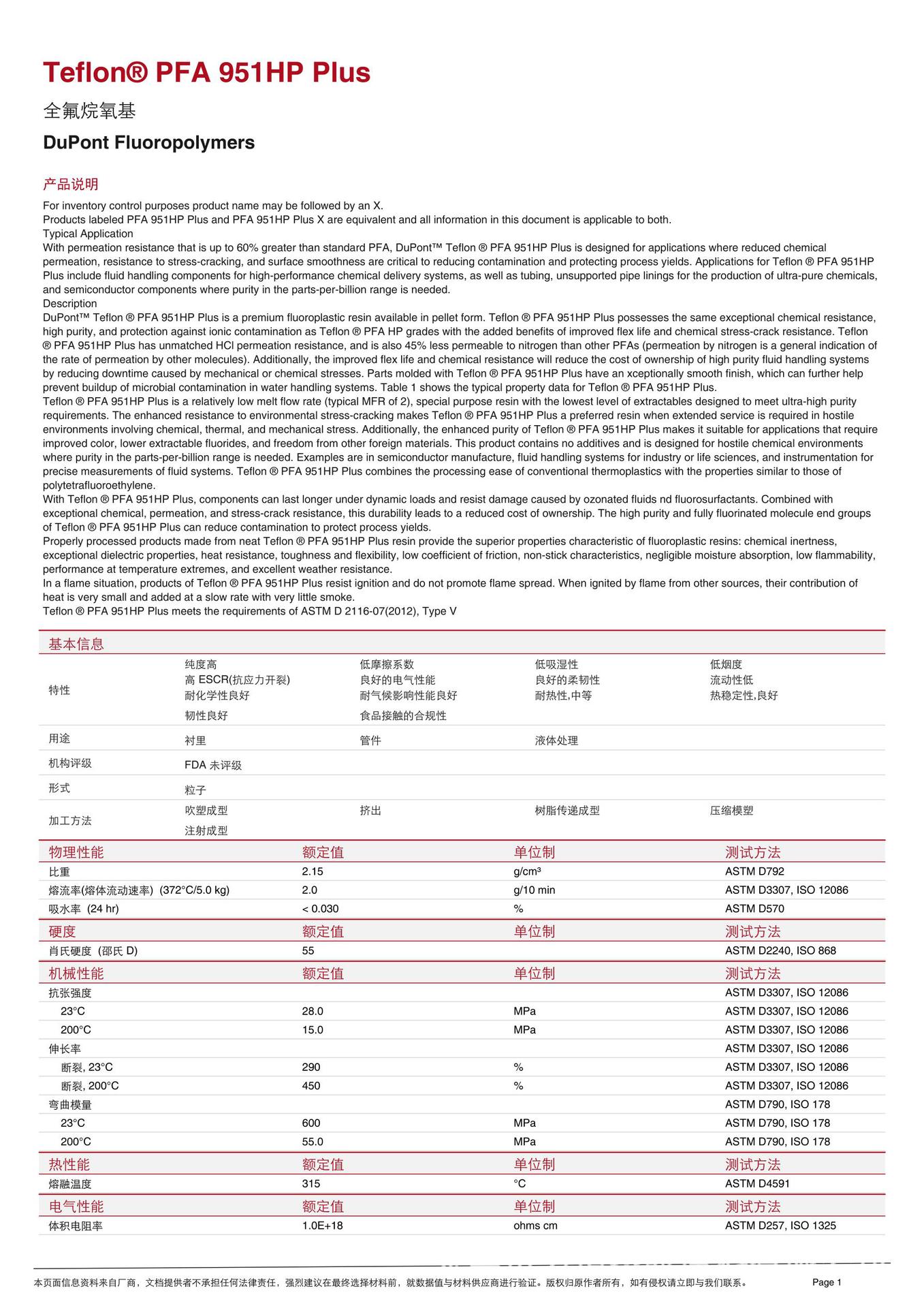 杜邦/科幕 PFA 951HP 超韧 高流动 耐候 耐化学 低摩擦 衬里 管件-阿里巴巴