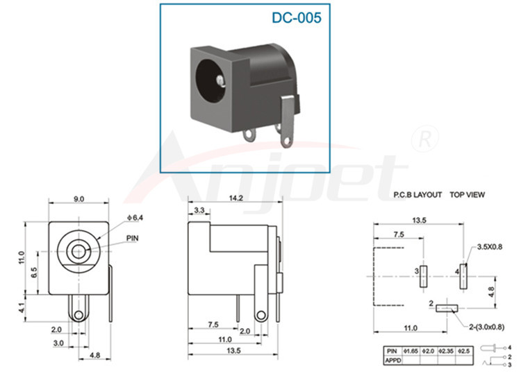 全铜DC005电源插座 DC-005插座 DC母座5.5*2.1/2.5 三脚卧式圆针-阿里巴巴