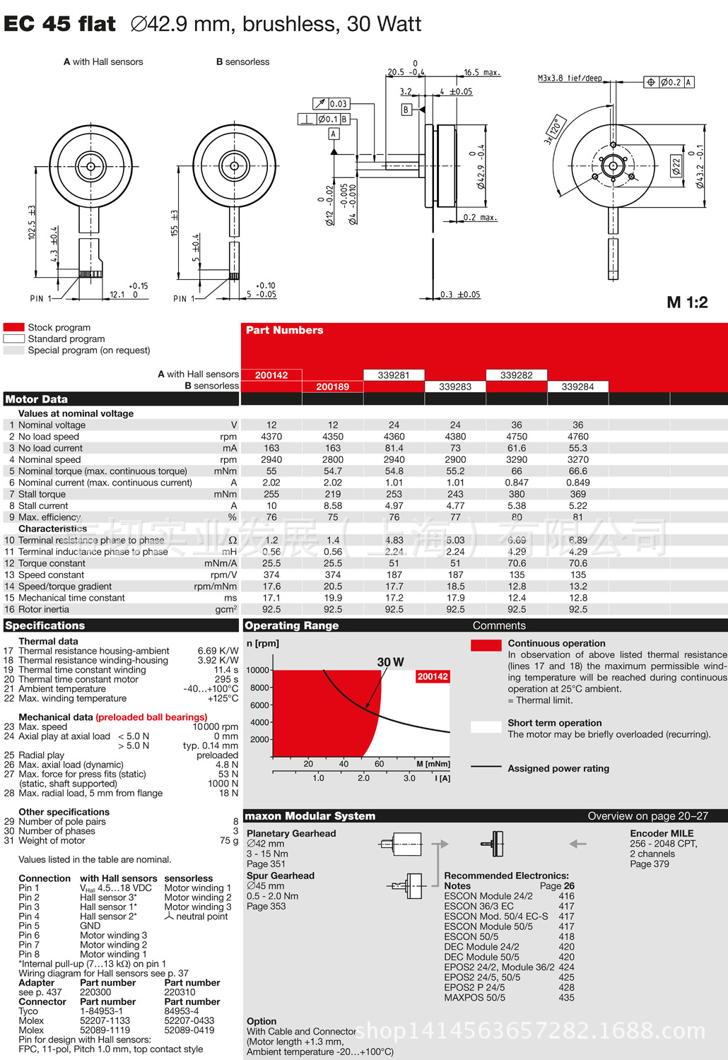 Maxon直流电机 EC 45 flat Ø42.9mm 30W 12V 200189 现货-阿里巴巴